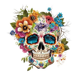 Colorful Sugar Skull With Flowers Clipart Transparent PNG - Etsy