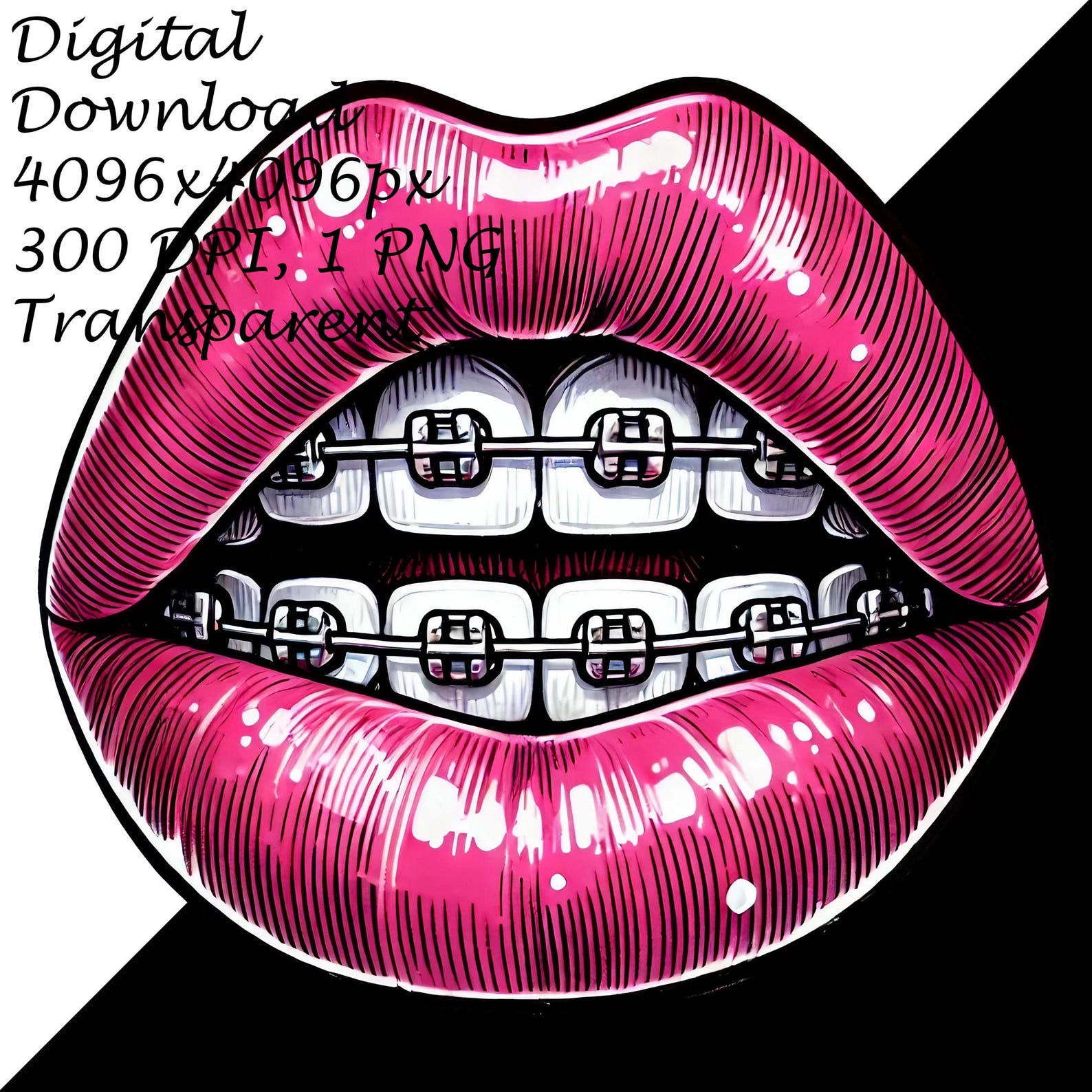 Glossy Pink Lips With Braces Digital Clipart PNG, Unique Clip Art for ...
