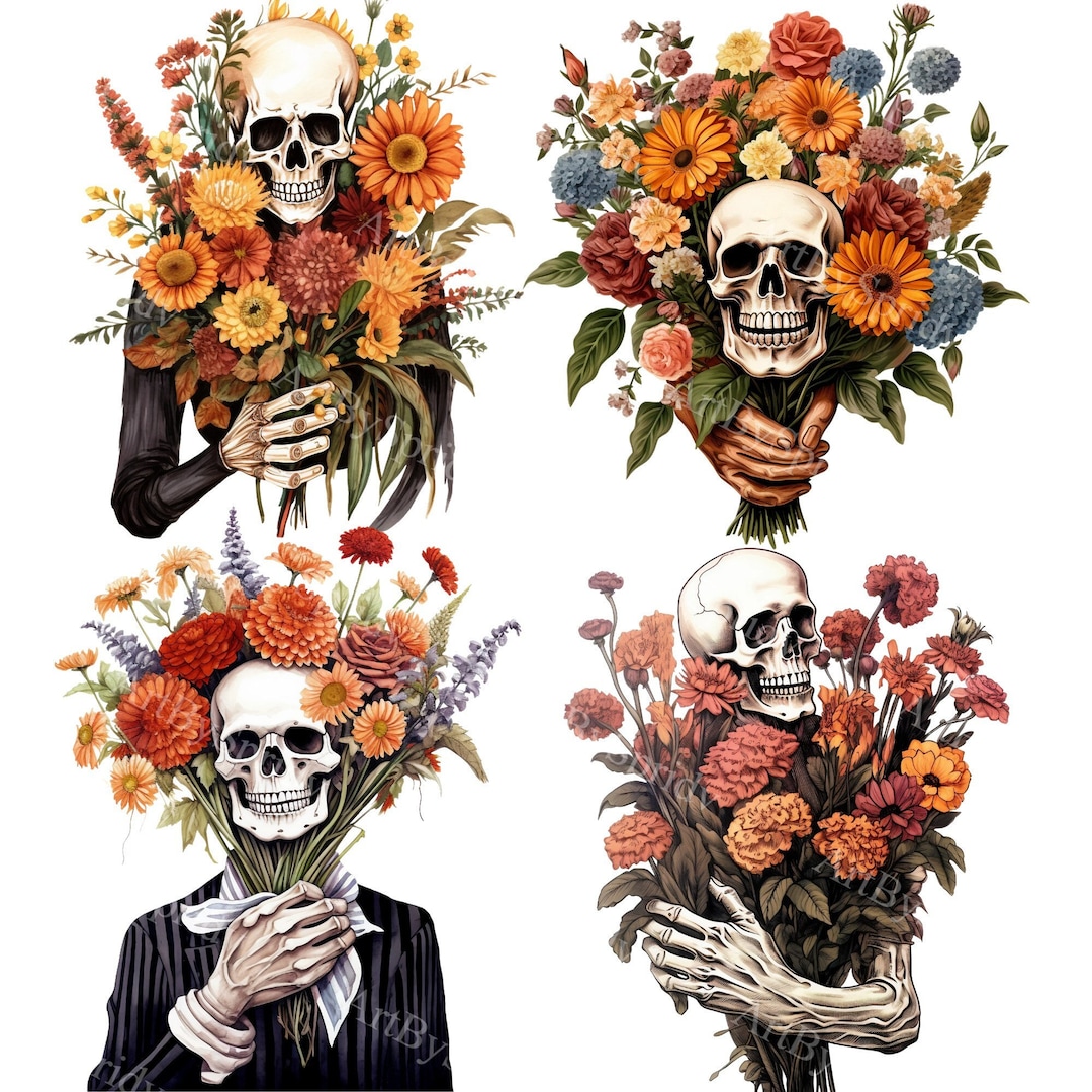 Skeleton With Flower Bouquet PNG Clipart Set|digital Gothic Floral Art ...