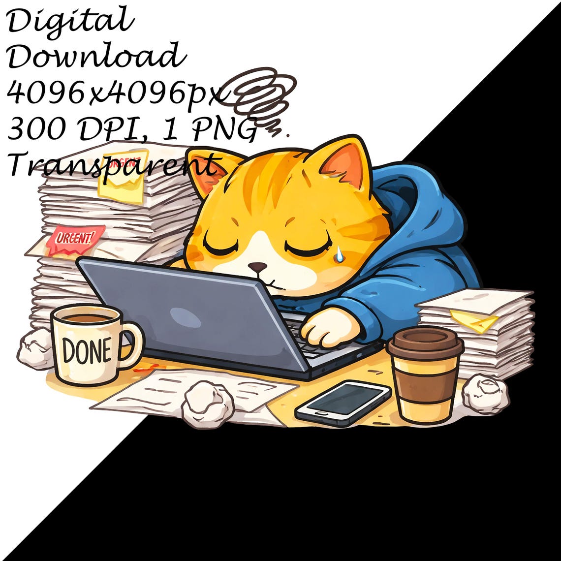 Overworked Cat PNG Clipart, Tired Office Kitty on Laptop With Coffee ...