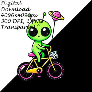 Alien Riding Bike Clipart PNG, Cute Space Alien With Planet Balloon for ...