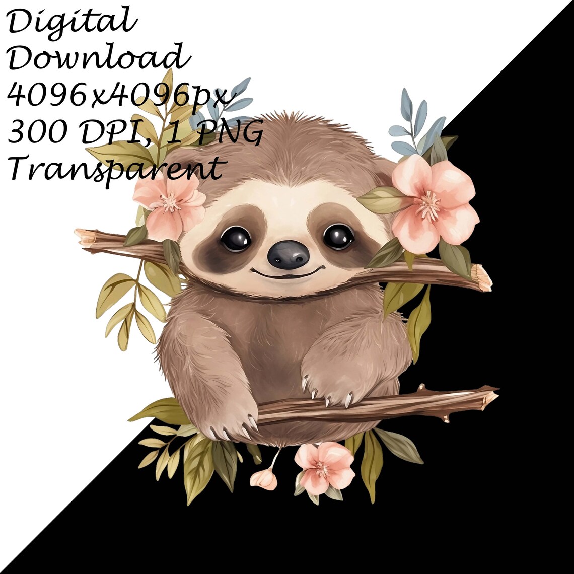Baby Sloth PNG Clipart, Sloth Hanging From Tree With Floral Accents ...