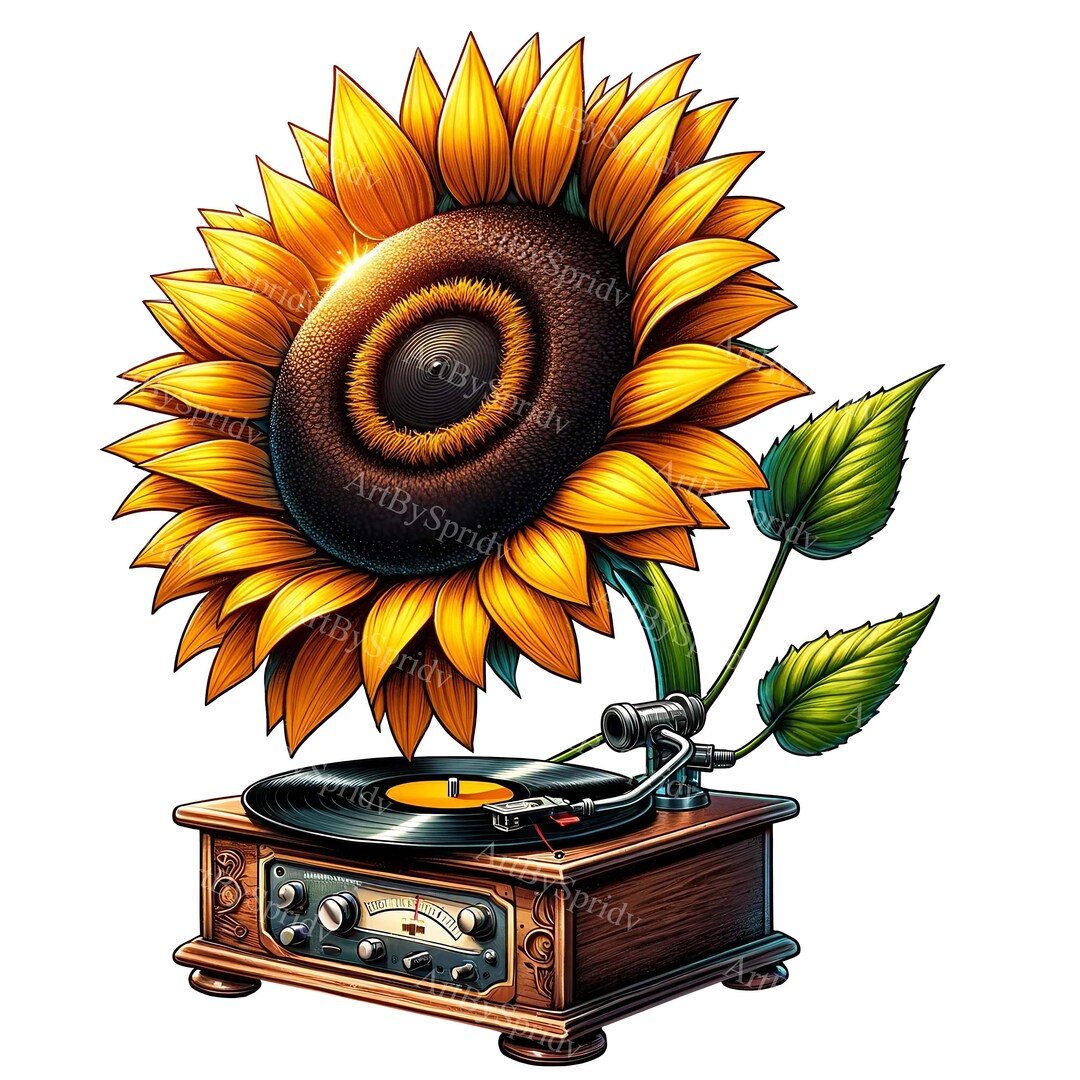 Vintage Sunflower Gramophone Clipart - Digital PNG for DTG, T-shirts ...