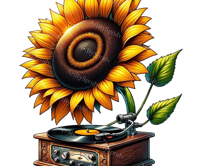 Printable Phonograph and sunflowers wall decor, Vintage Record Player ...