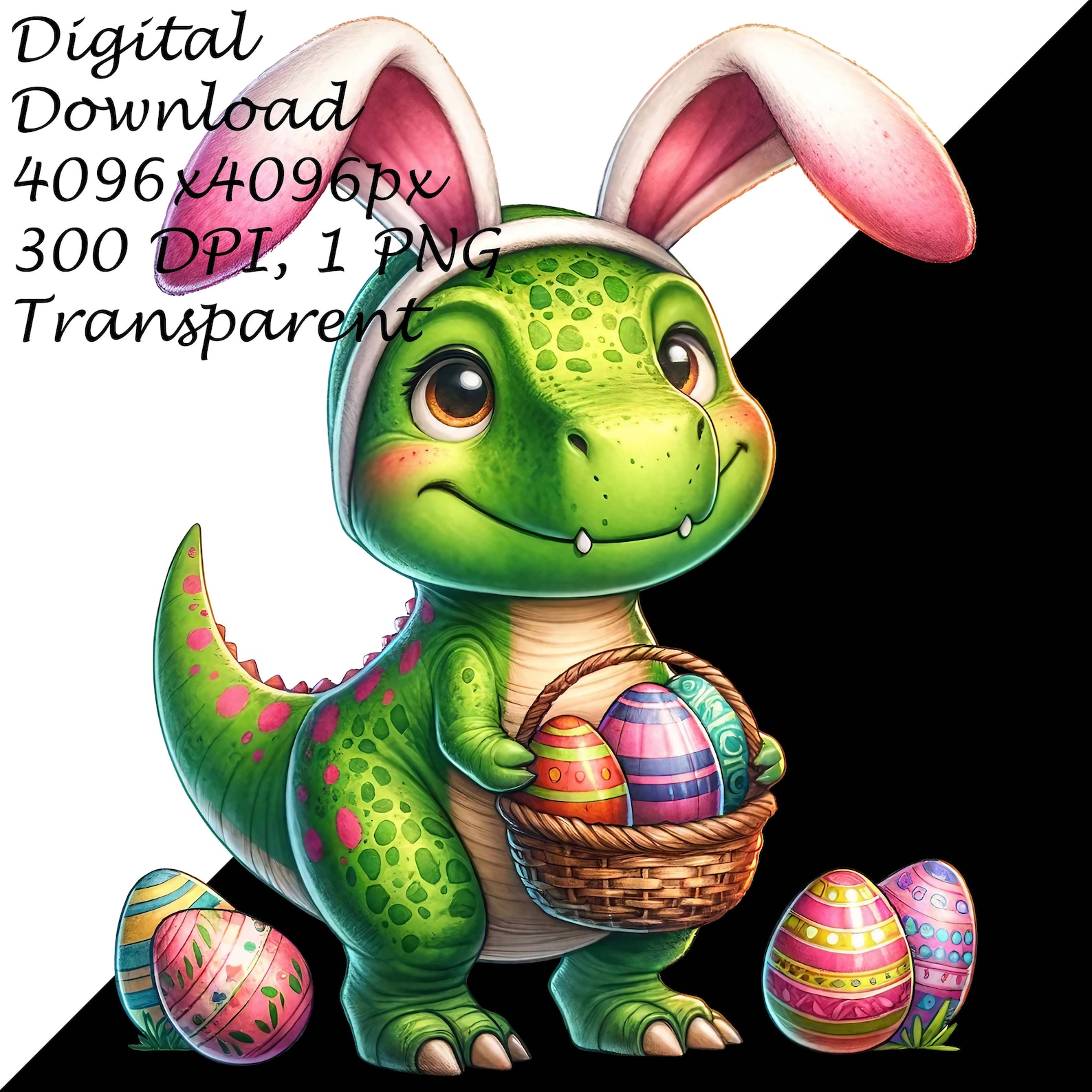 Easter T-rex Dinosaur Clipart With Bunny Ears & Eggs Basket - Digital ...