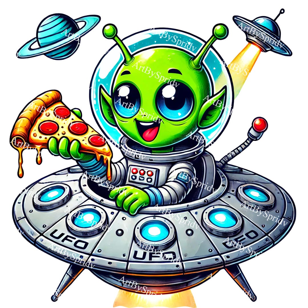 Alien Pizza PNG | Funny UFO Cartoon Clipart | Kawaii Space Alien Eating ...