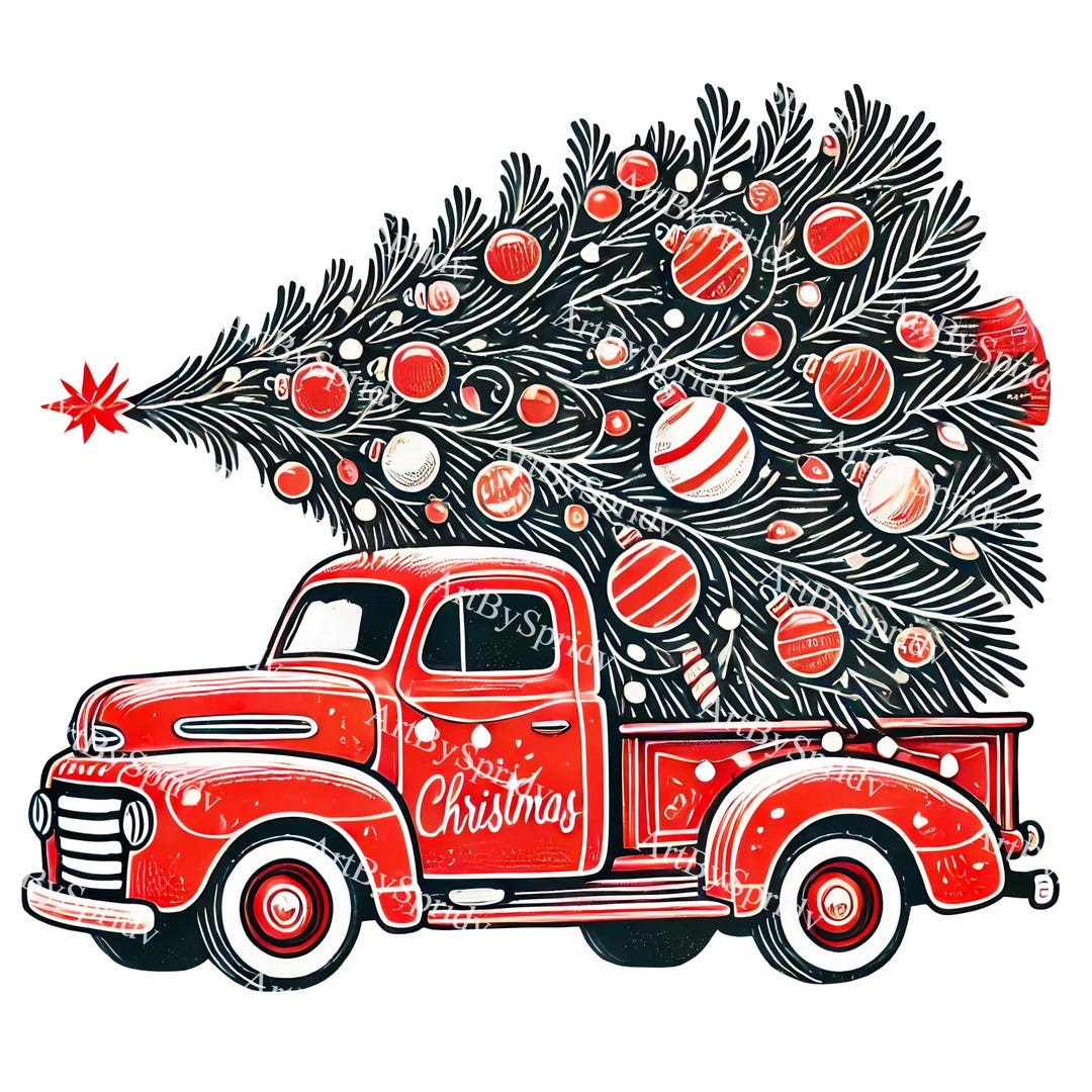 Vintage Red Truck With Christmas Tree PNG Clipart,retro Farmhouse Xmas ...