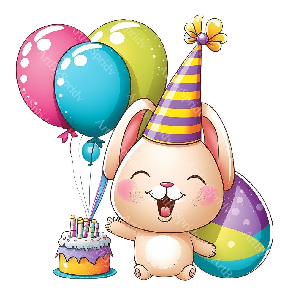 Cute Bunny Birthday Party Hat&balloons PNG Cliparttransparent - Etsy