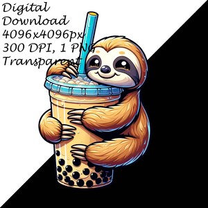 Adorable Sloth Boba Tea Clipart - Cute Animal With Bubble Tea, Digital ...