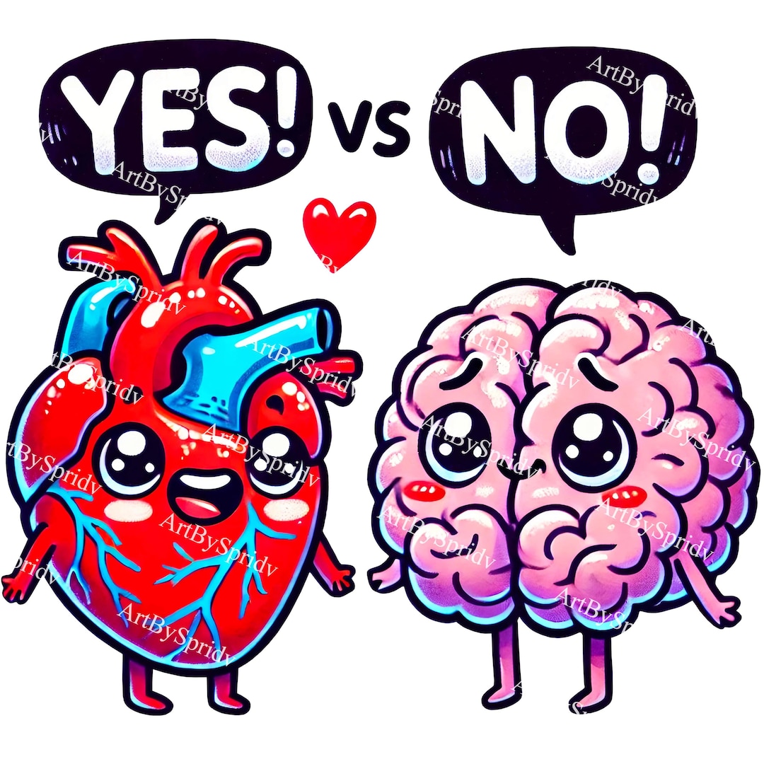 Heart Vs Brain Cartoon Clipart PNG | Funny Yes Vs No Art Design for T ...