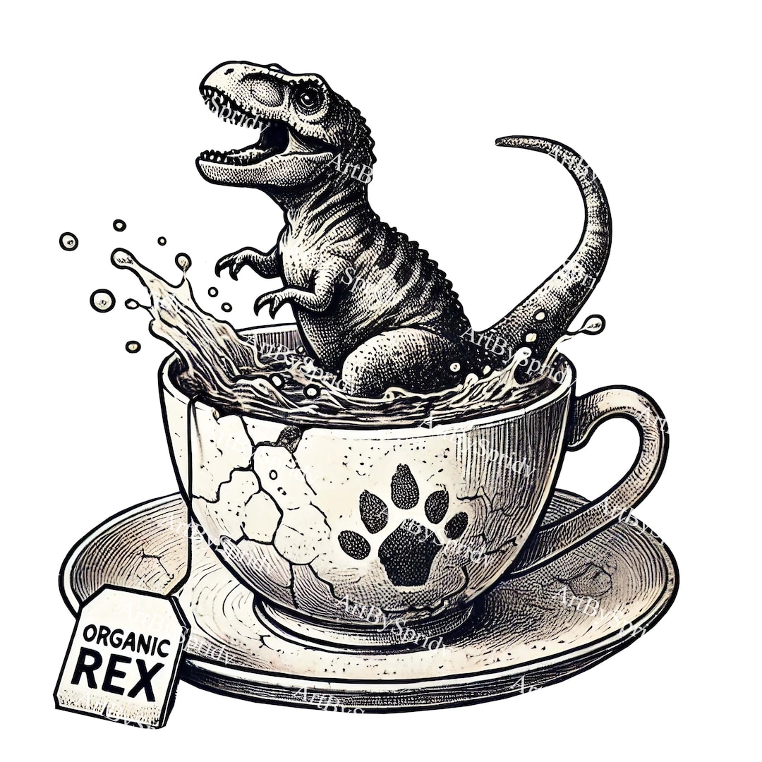 Vintage Dinosaur Tea Cup PNG, T-rex Tea Illustration, Retro Engraved ...