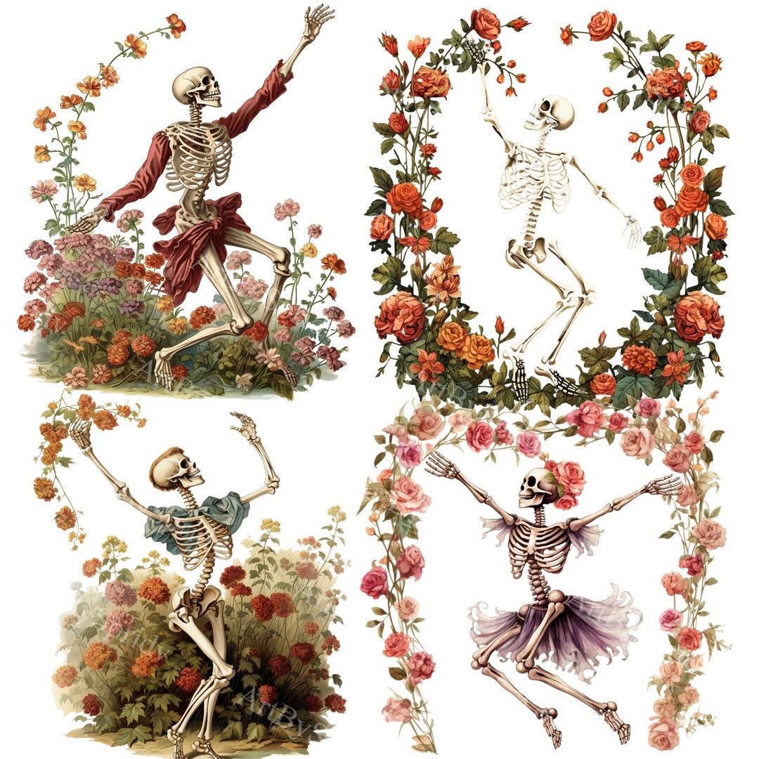 Floral Skeleton Dancing PNG Clipart Bundles, Halloween Skull Clip Art ...