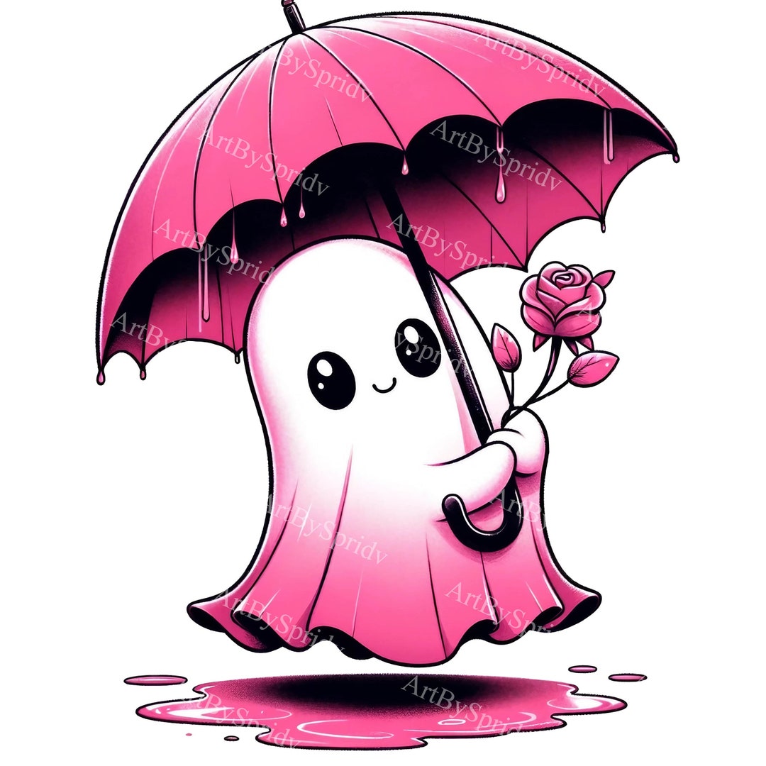 Cute Ghost With Umbrella and Rose Clipart | Whimsical Ghostly Digital ...