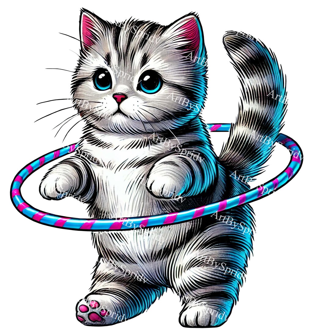 Gray Tabby Kitten With Hula Hoop PNG Clipart, Cute Cat Digital Download ...