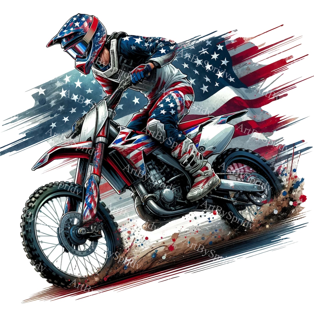 Motocross Dirt Bike Digital Clipart - Patriotic American Flag Rider PNG ...