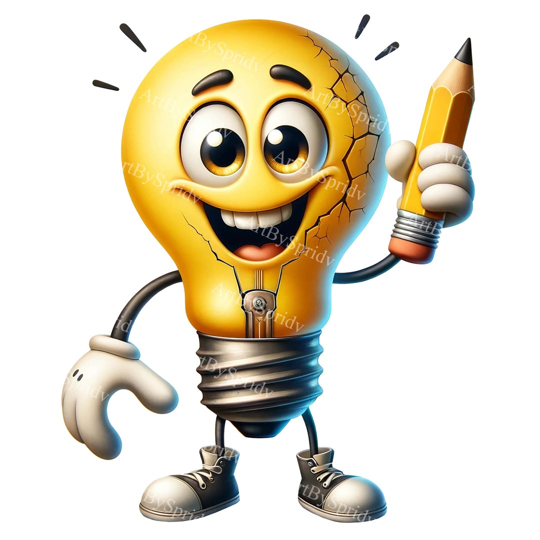 Engaging Light Bulb Character With Pencil PNG Clipart for Printable ...