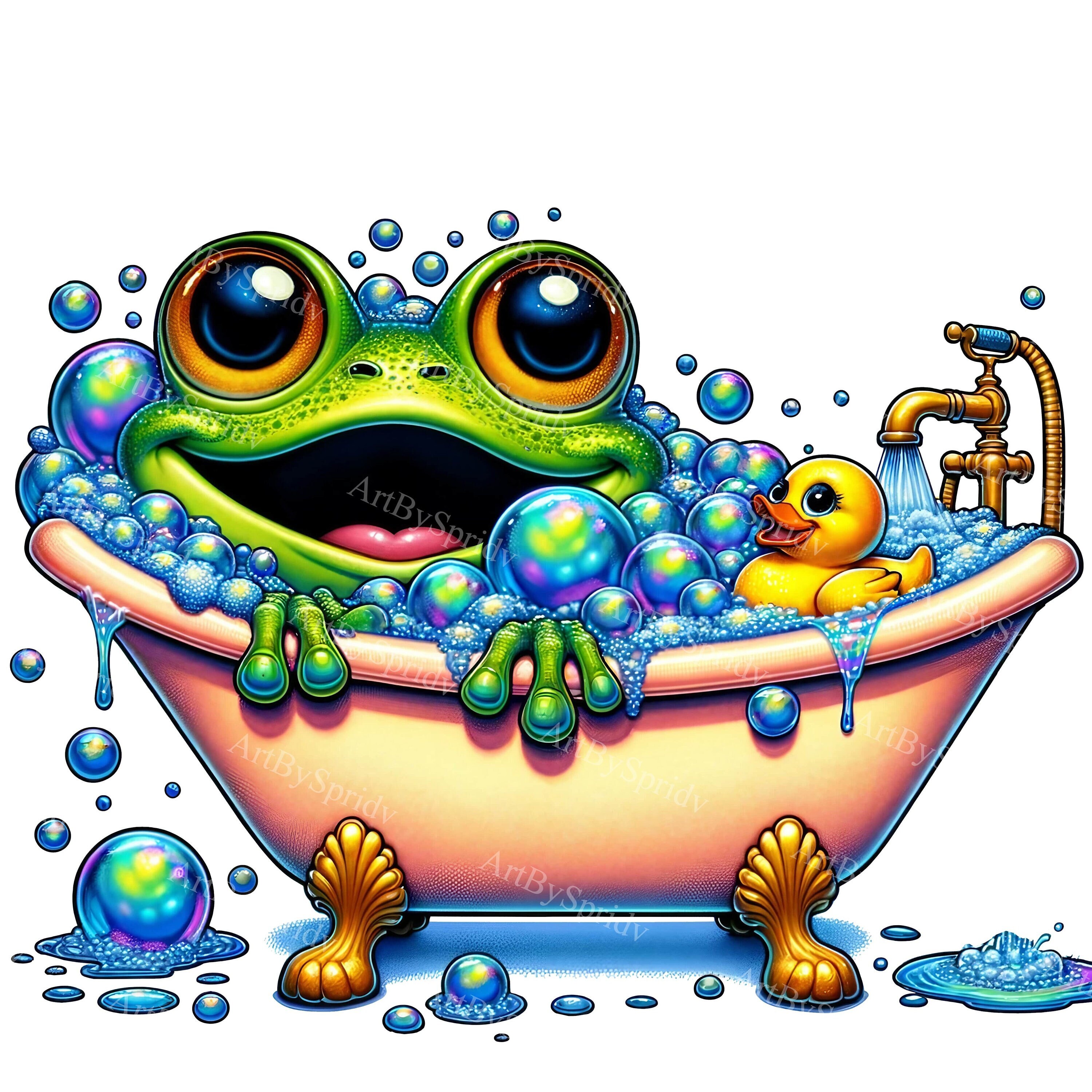 Cartoon Frog With Expressive Eyes in Bubble Bath Clipart - Fun Digital ...