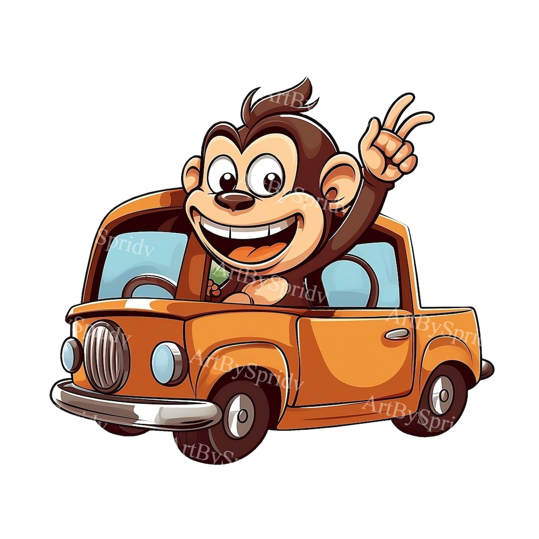 Adorable Monkey Driving Orange Car PNG Clipart, Cartoon Animal ...