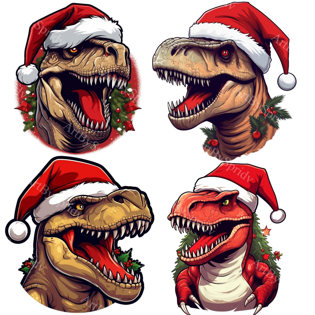 4 Pack T-rex Christmas Dinosaur With Santa Hat Transparent PNG Clipart ...