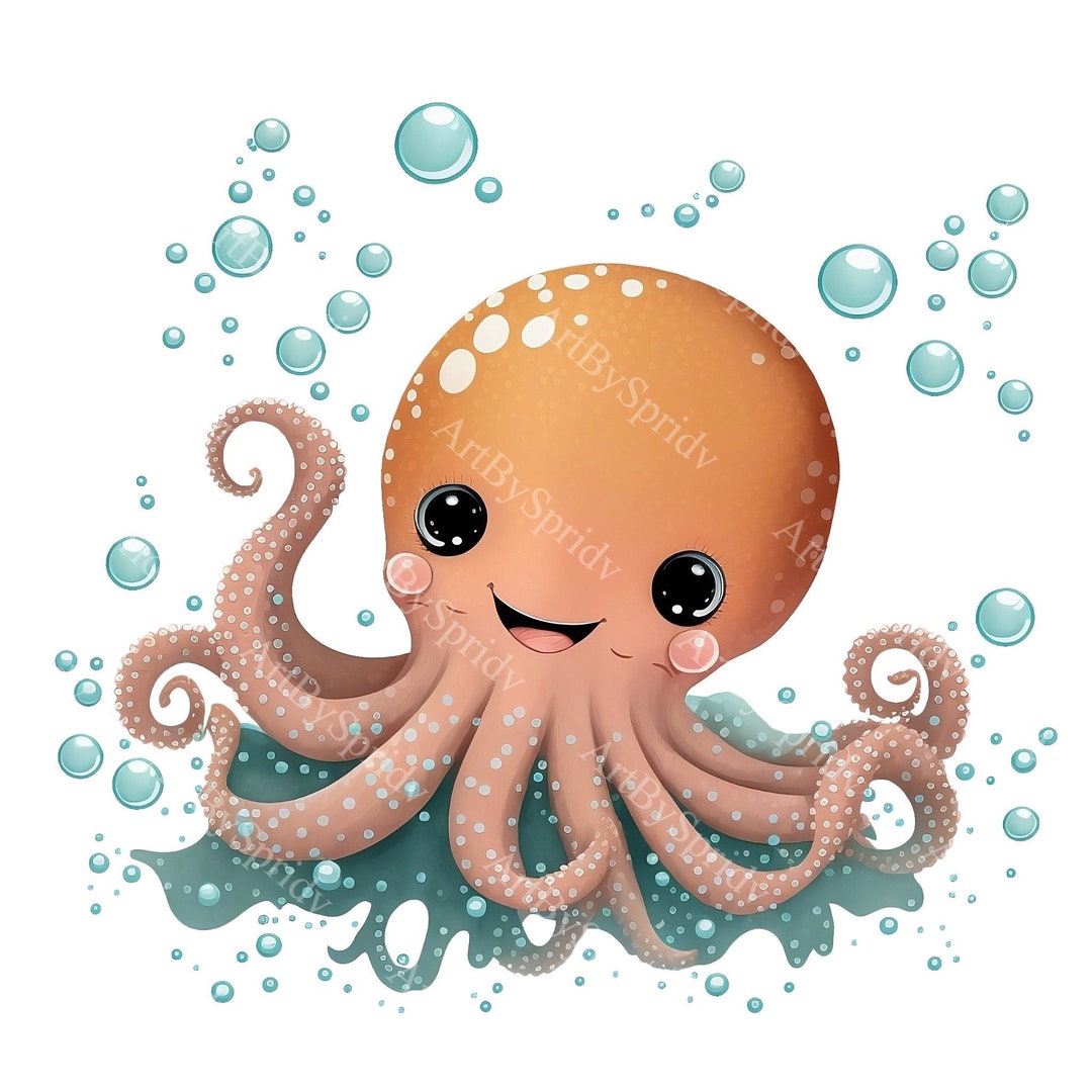 Playful Baby Octopus Clipart Cute Ocean Animal Illustration Underwater ...