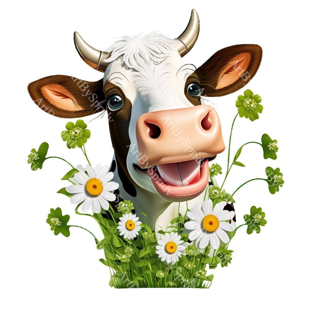 Smiling Cow With Daisies PNG Clipart, Cute Farm Animal Illustration for ...