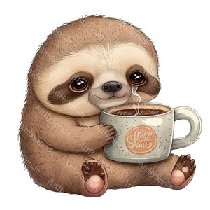 Baby Sloth Holding Coffee Cup PNG Clipart, Cute Sloth for T-shirt ...