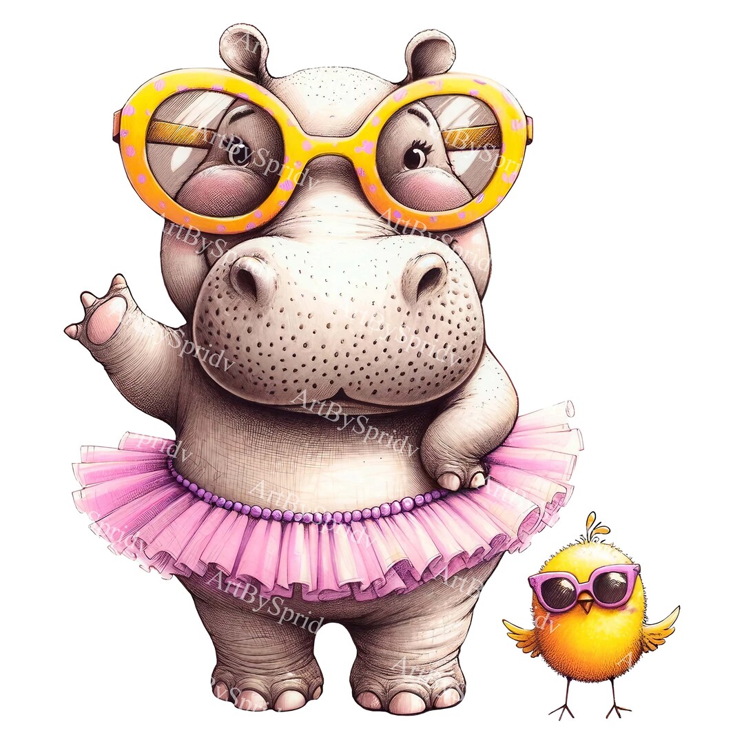 Hippo in Tutu and Glasses Clipart, Cute Chick Illustration, Transparent ...