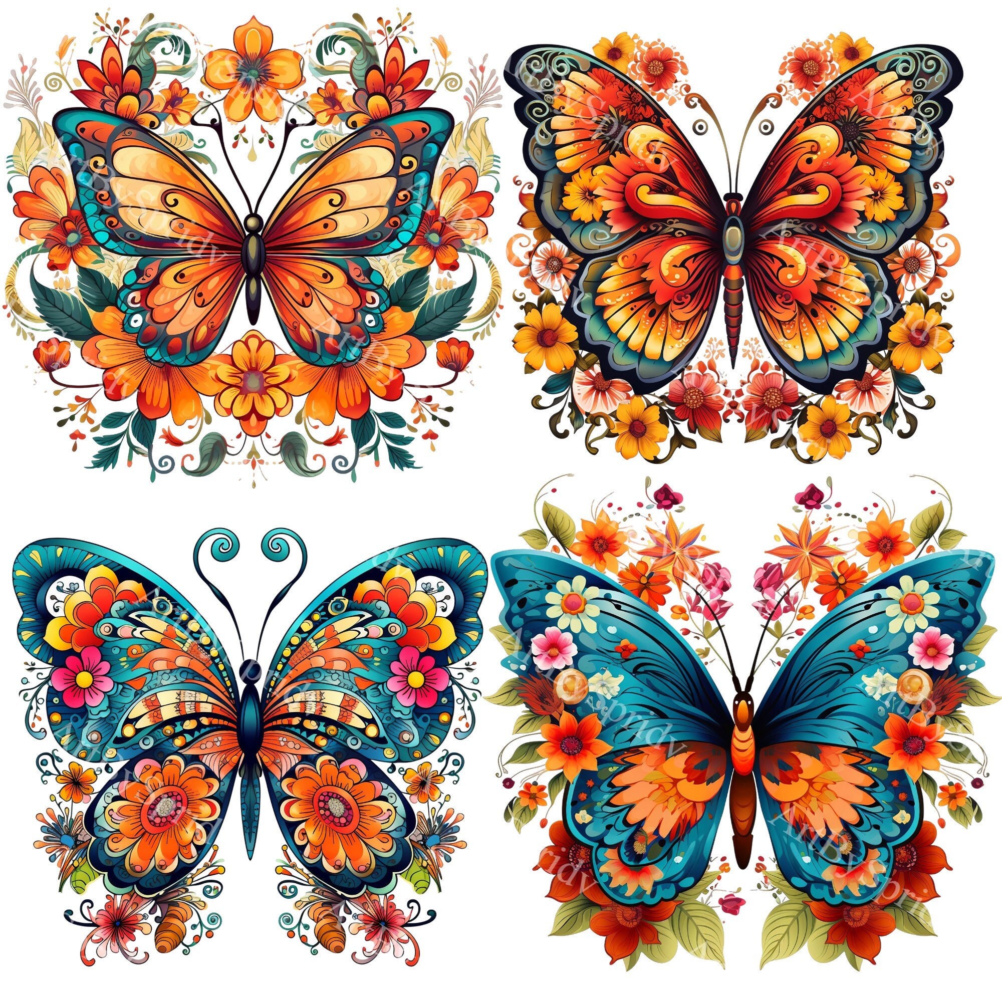 Vibrant Floral Butterfly Clipart Bundle PNG, Butterfly Design for ...