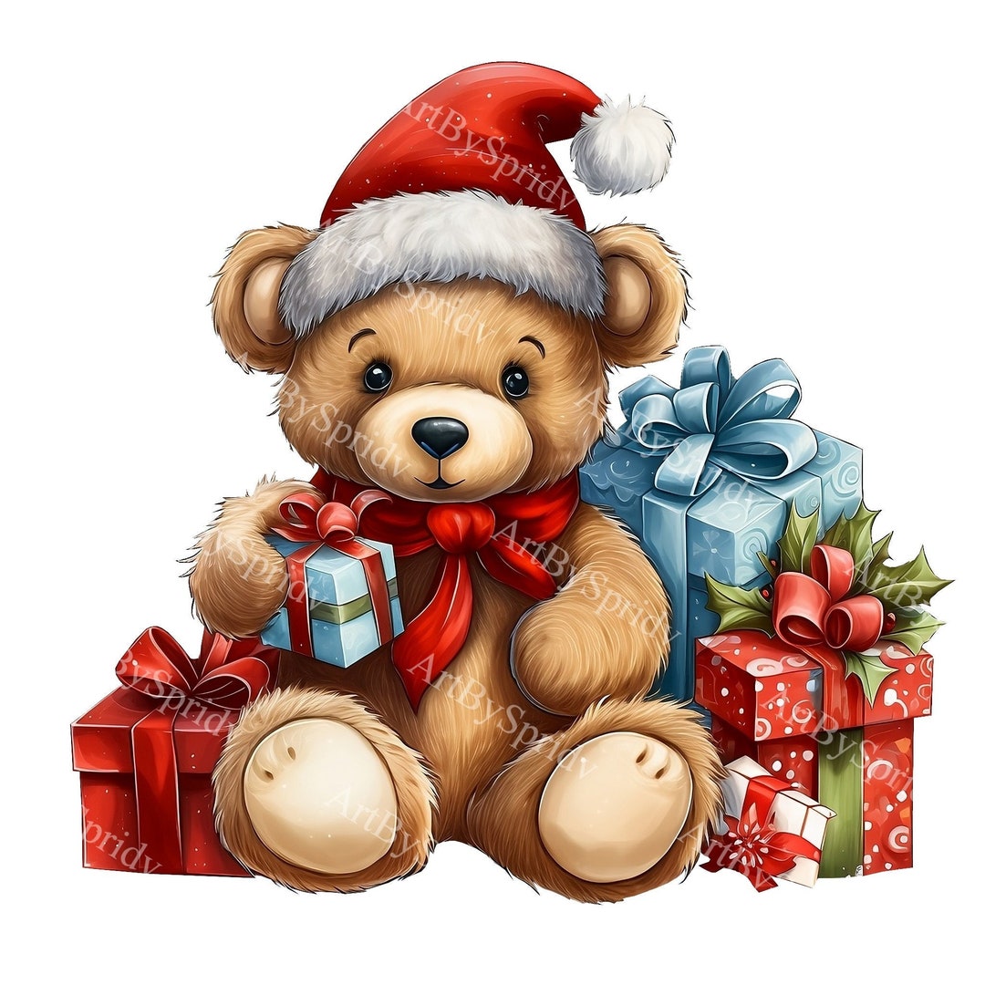 Christmas Teddy Bear Clipart PNG, Cute Xmas Holiday Art With Santa Hat ...