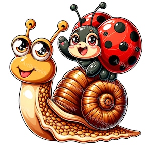 Adorable Cartoon Snail With Ladybug Clipart - Digital PNG for Printable ...