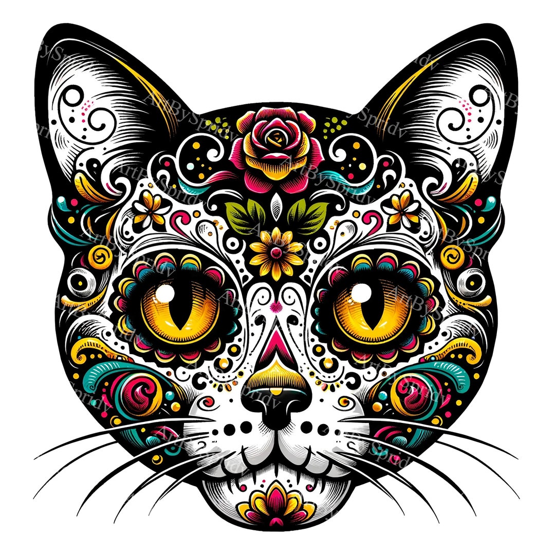 Colorful Sugar Skull Clipart - Day of the Dead Cat Illustration PNG ...