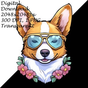 Sassy Corgi Dog PNG Clipart With Sunglasses & Floral Crown, Cute ...