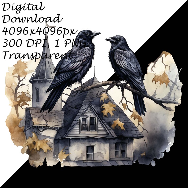 Othic Raven With Haunted House PNG | Transparent Clipart for Dark Art ...