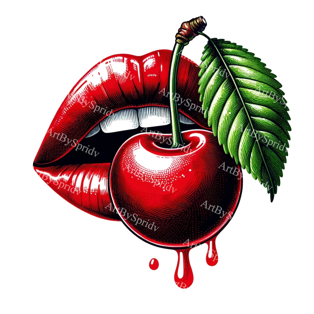 Cherry Kiss Clipart: Luscious Red Lips With Dripping Cherry Digital PNG ...