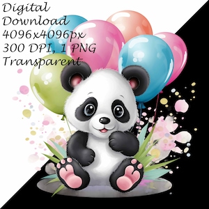 Panda Clipart With Balloons | Cute Animal Digital Art | Download PNG ...