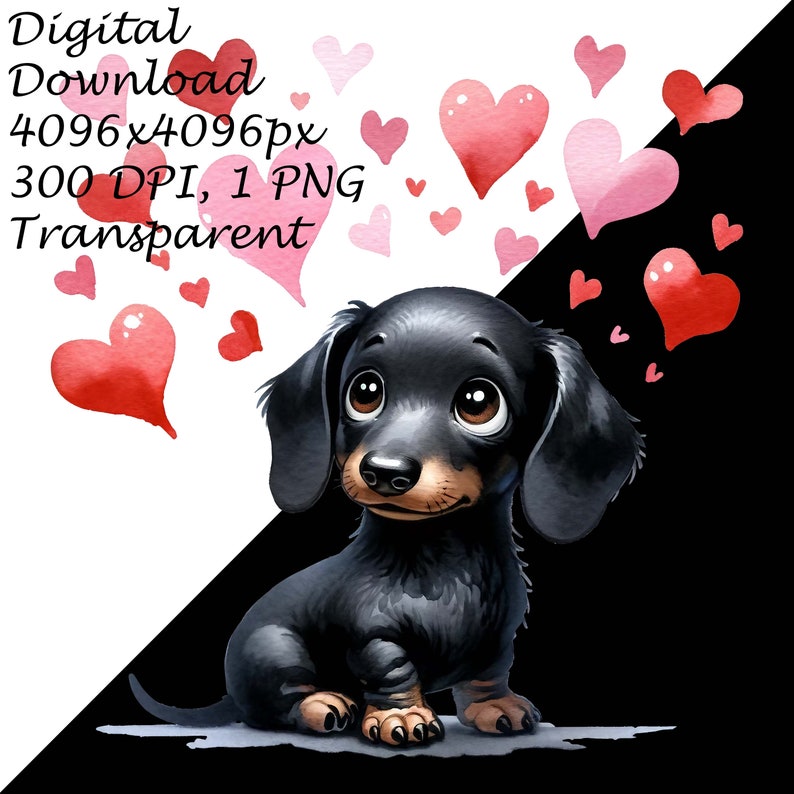 Valentine's Dachshund Clipart - Watercolor Dog PNG for DTG, Mugs ...