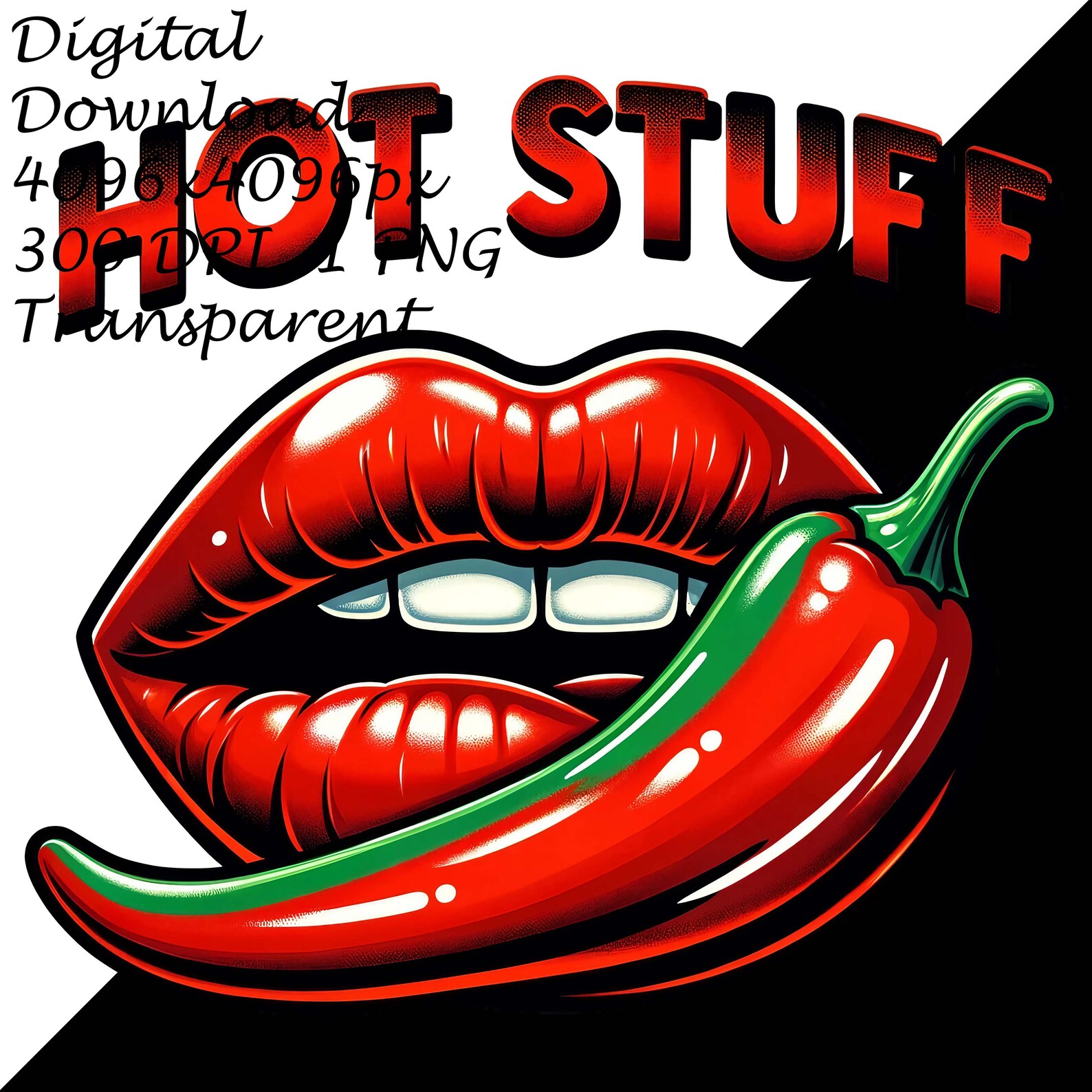 Spicy Red Lips With Chili Pepper Clipart - Hot Stuff Digital PNG, Sassy ...