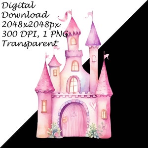 Watercolor Princess Castle Clipart - Fairytale Pink Castle PNG for Invitations, Scrapbooking ...