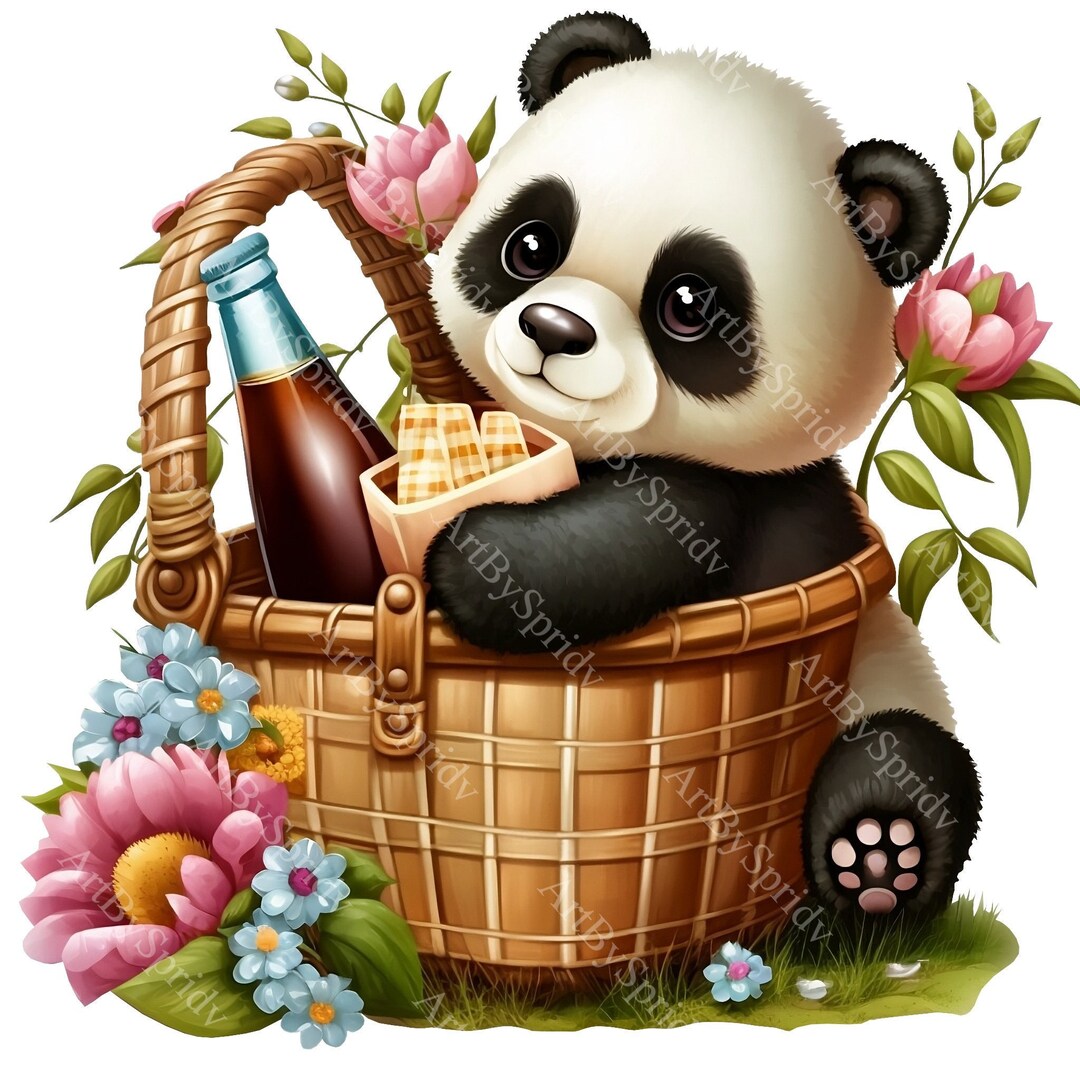 Baby Panda With Picnic Basket&flowers PNG Clipart, Cute Animal Clip Art ...