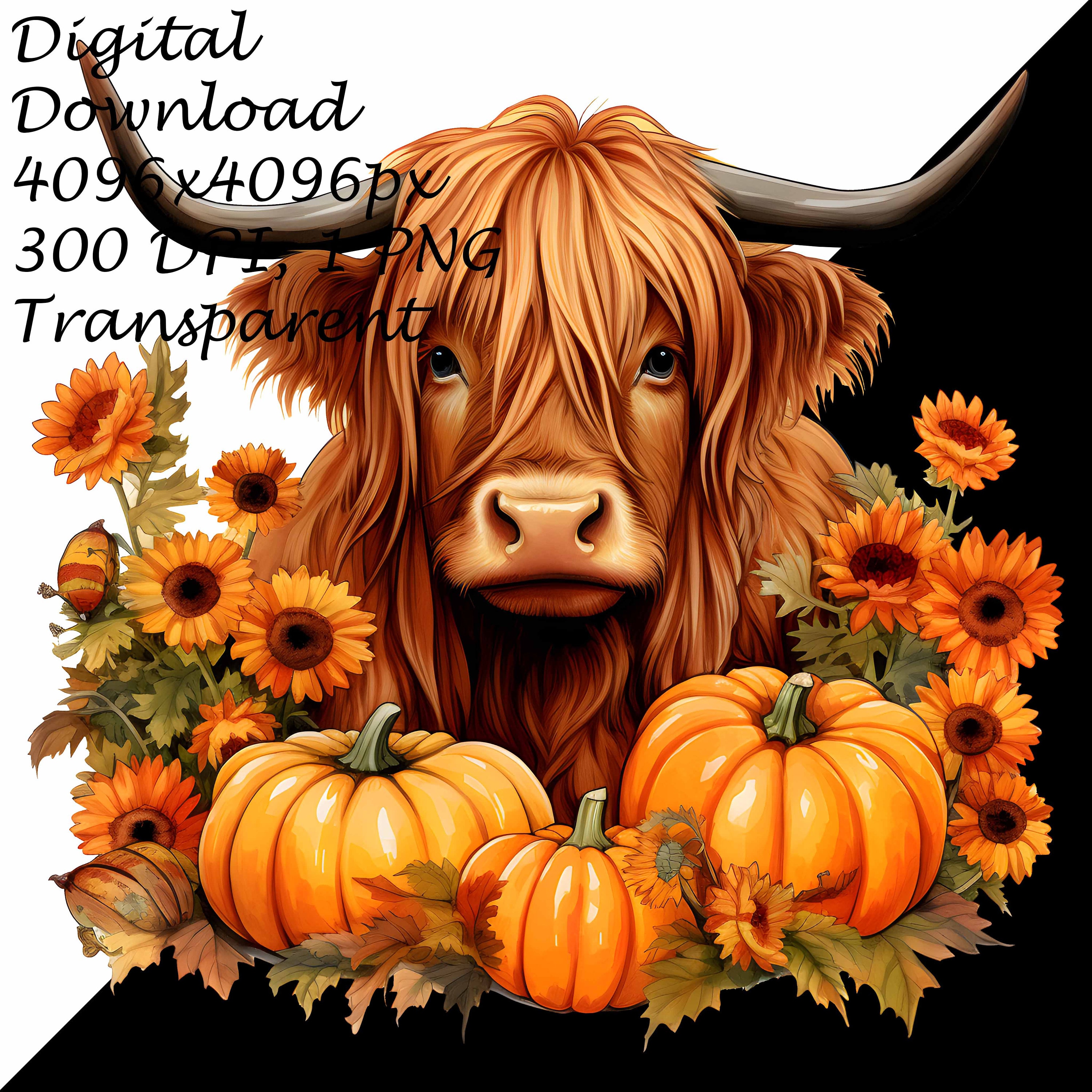 Autumn Highland Cow PNG Clipart With Pumpkins&sunflowers, Fall ...