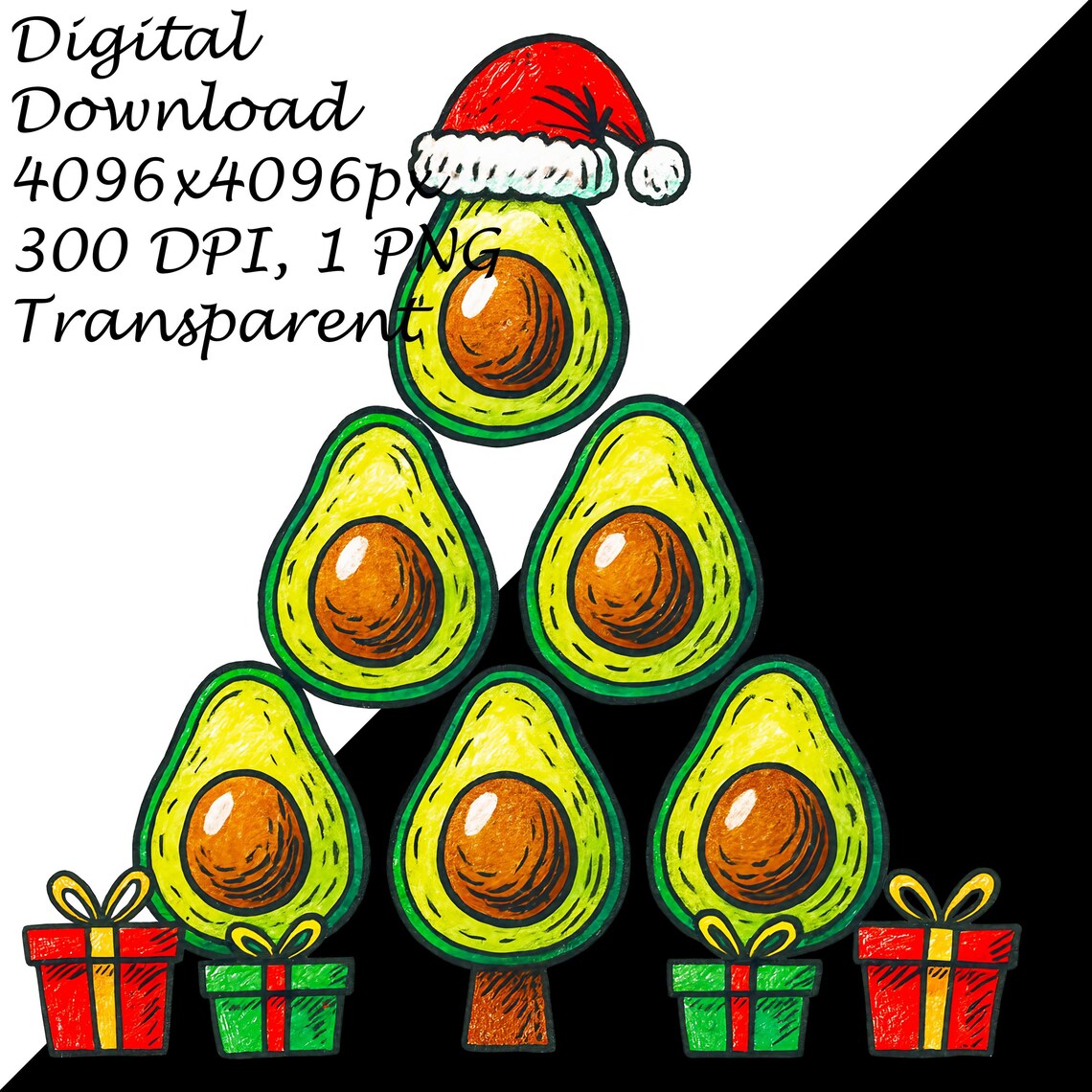 Funny Avocado Christmas Tree PNG With Santa Hat and Gifts | Cute ...