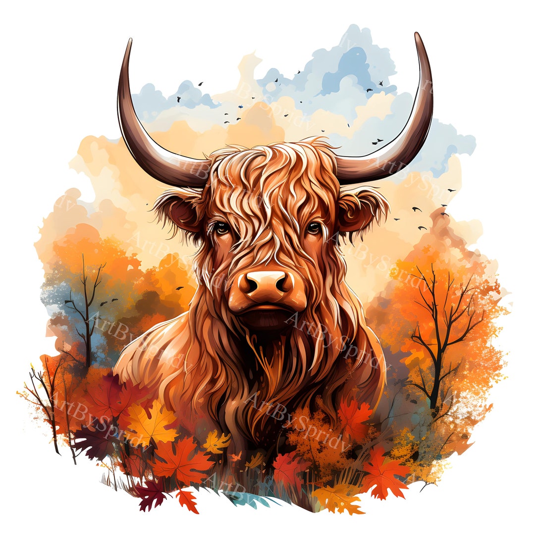 Watercolor Highland Cow Autumn Fall Clip Art - Printable T Shirt, Mug ...