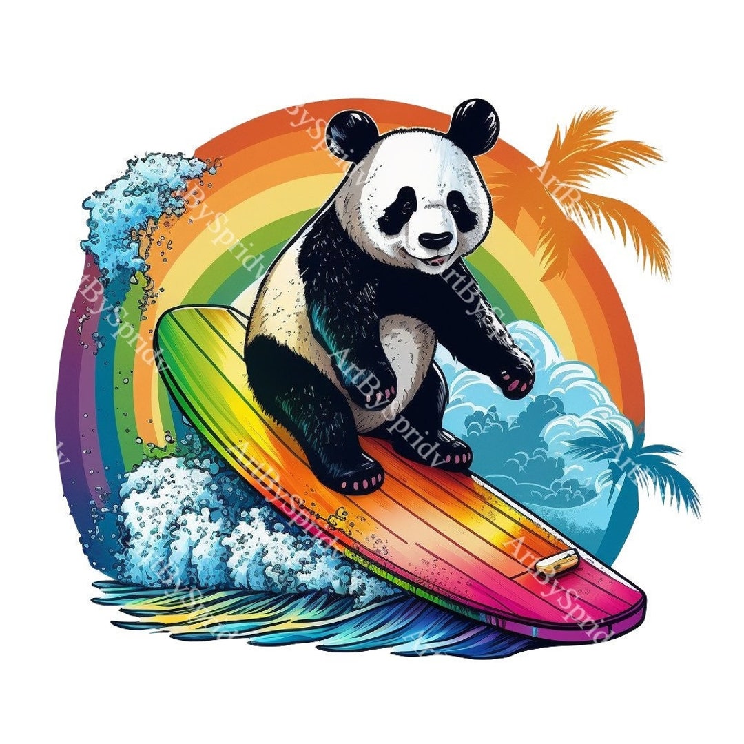 Cute Panda Surfing on Rainbow Wave Clipart | Transparent PNG | Kawaii ...