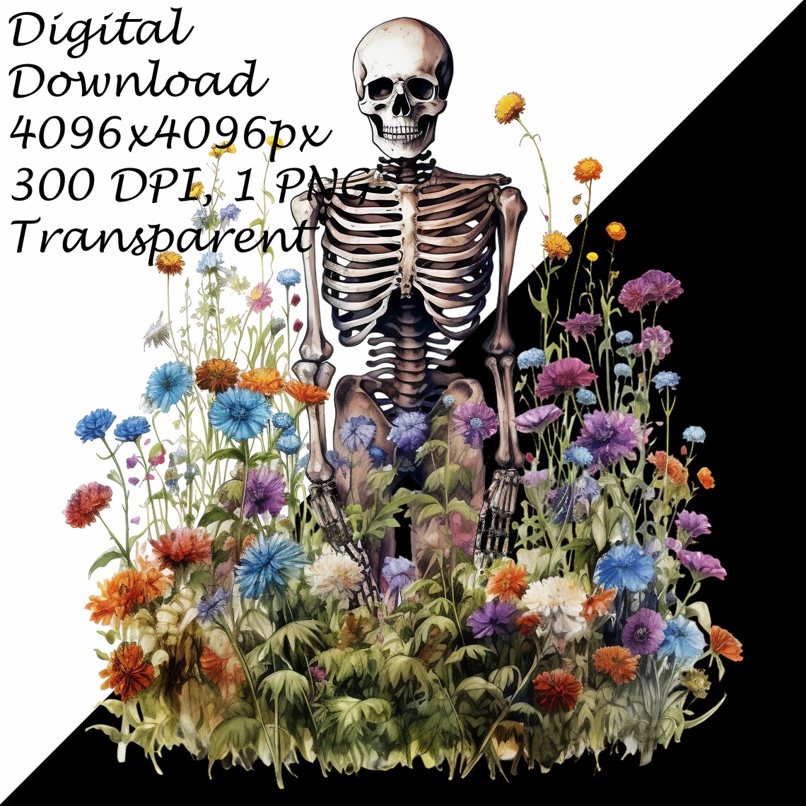 Skeleton in Wildflowers PNG Clipart Set-vintage Floral Sugar Skull ...