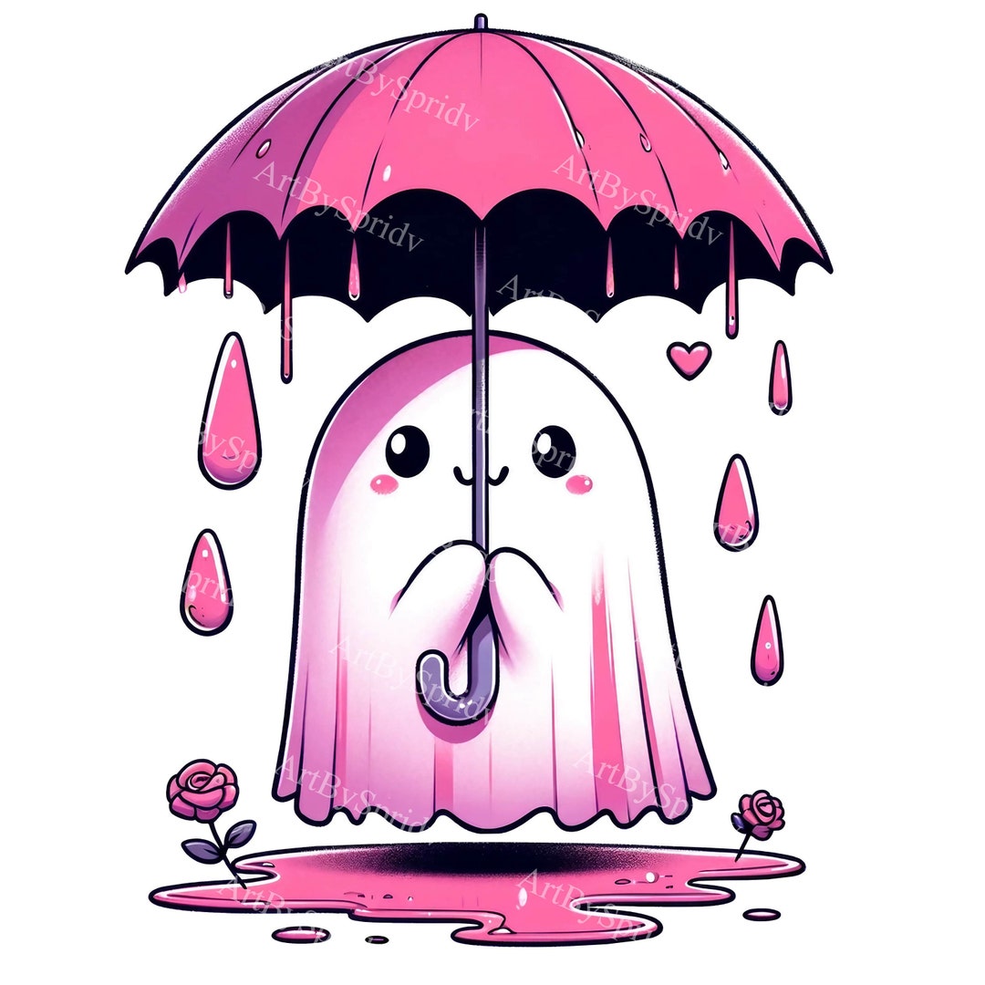 Cute Ghost With Umbrella and Rose Clipart | Whimsical Ghostly Digital ...