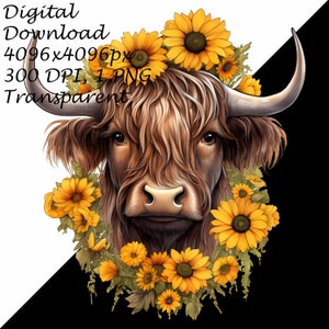 Highland Cow With Sunflower Wreath PNG Clipart, Rustic Farmhouse Decor ...