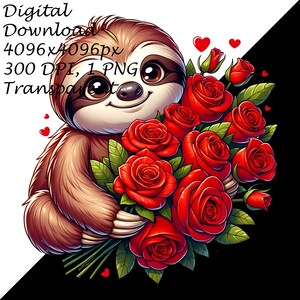Sloth With Red Roses Clipart - Valentine's Day Digital PNG, Perfect for ...