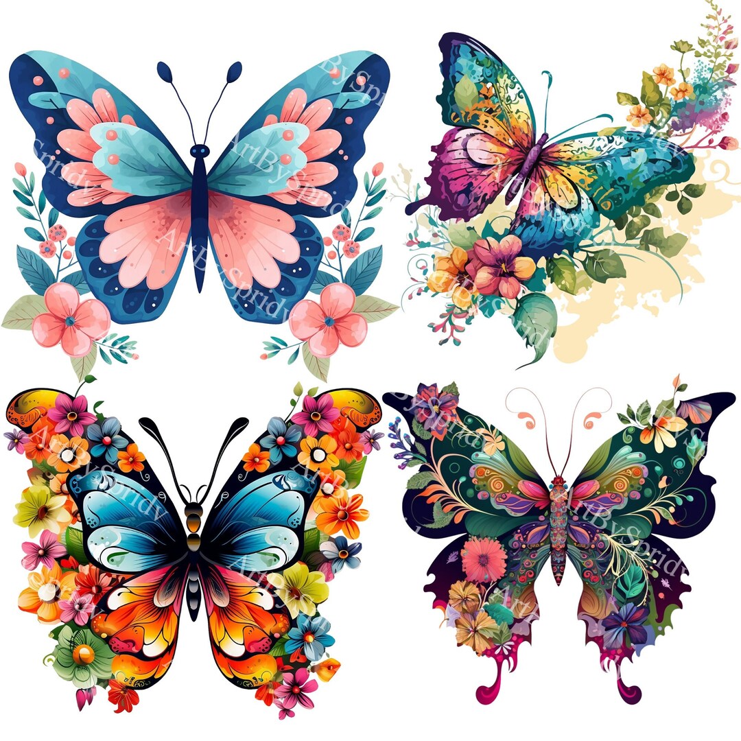 Butterfly & Floral Clipart Set PNG, Vibrant Boho Butterfly Clip Art for ...