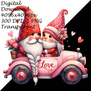 Valentine's Gnomes Couple Clipart - Retro Car & Hearts Design for DTG ...