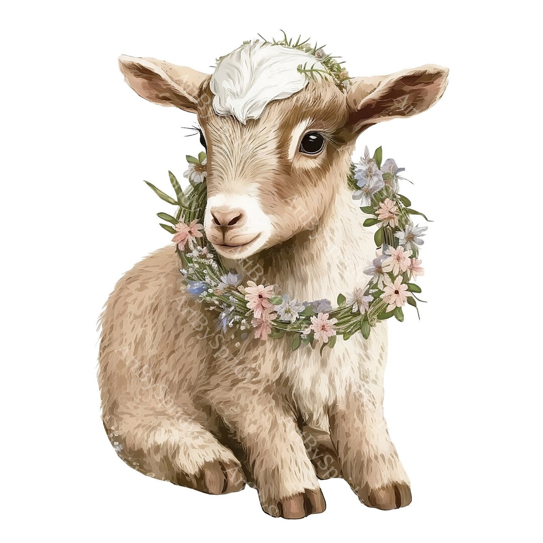 Rustic Baby Goat Clipart With Floral Crown | Farm Animal Transparent ...